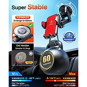[Upgraded] VANMASS Car Phone Holder Mount [Anti-Slip Soft Silicone & Powerful Suction] Dashboard Windshield Universal Phone Holder Car, Compatible with iPhone 14 13 12 11 Pro Max &Truck/SUV/Jeep (Red)
