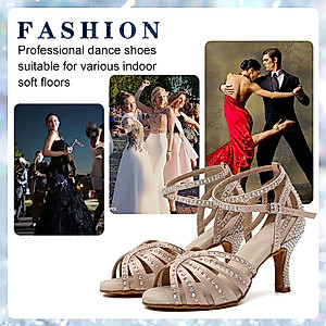 VCIXXVCE Women's Rhinestones Ballroom Dance Shoes Nude Suede Sole 3 Inch Heel Latin Salsa Bachata Performance Dance Heels,7.5 US