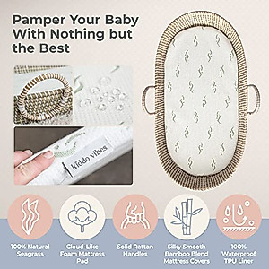 KIDDO VIBES Handwoven Baby Changing Basket with Pad & 3 Waterproof Bamboo Jacquard Covers - Multifunctional CPSC Compliant Organic Seagrass Baby Moses Basket with a Soft Thick Waterproof Changing Pad