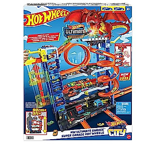Hot Wheels City Ultimate Garage Playset with 2 Die-Cast Cars, Toy Storage for 50+ 1:64 Scale Cars, 4 Levels of Track Play, Defeat The Dragon