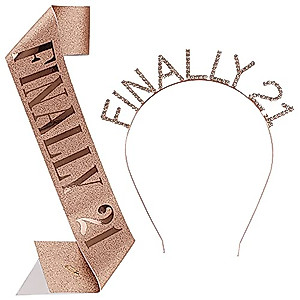 AOPRIE 21 Year Old Headband & Sash for Girl Rose Gold Birthday Tiara Crown for Women Rhinestone Happy Birthday Hair Accessories Gift Sets