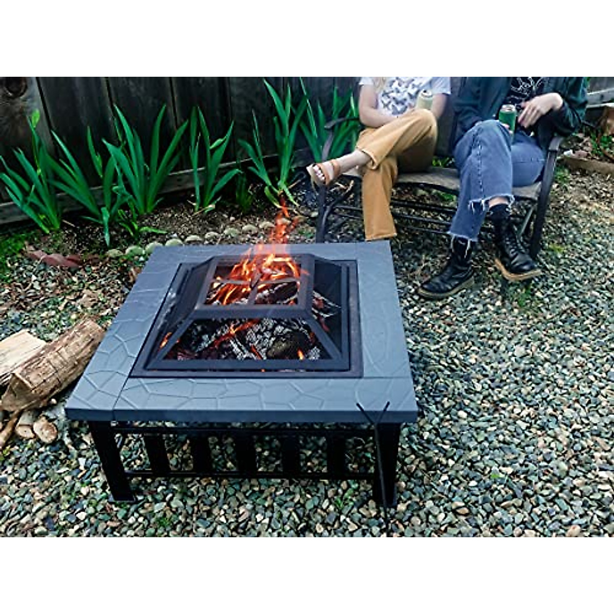 Yardom 34 inch Outdoor Fire Pits BBQ Square Firepit Table Backyard Patio Garden Stove Wood Burning Fireplace with Grill, Spark Screen Cover, Poker, Rain Cover