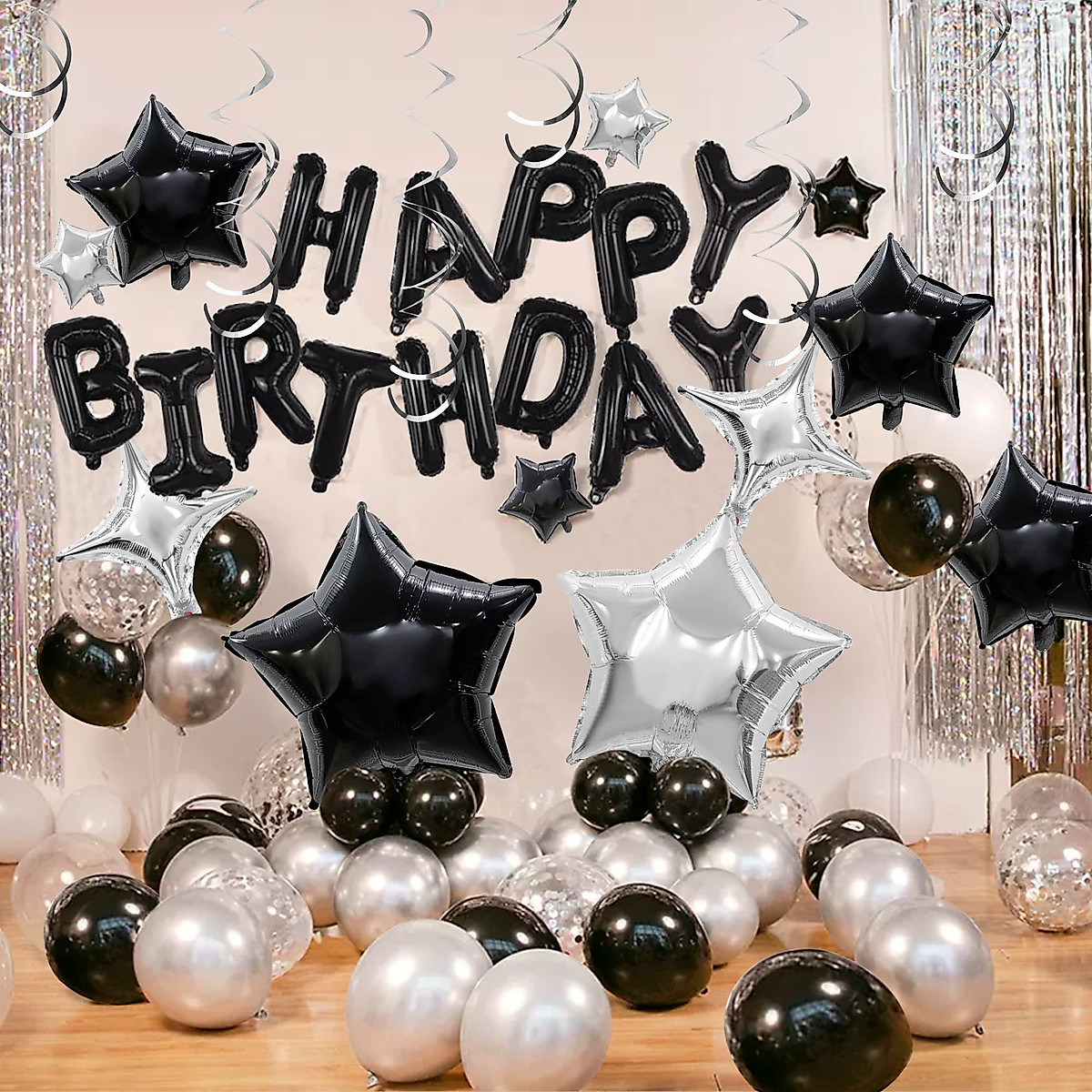 56 PCS Happy Birthday Balloons Happy Birthday Banner Silver and Black Balloons for Boys Men Girls Women 16th 18th 20th 21st 25th 30th 40th 50th 60th Birthday Party Decorations (Black)
