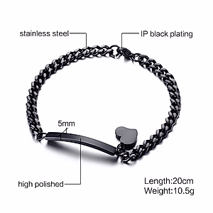 PJ JEWELRY Free Engraving-Stainless Steel Thin ID Tag Chain Bracelets with Small Heart Charm for Women,7.8",Black