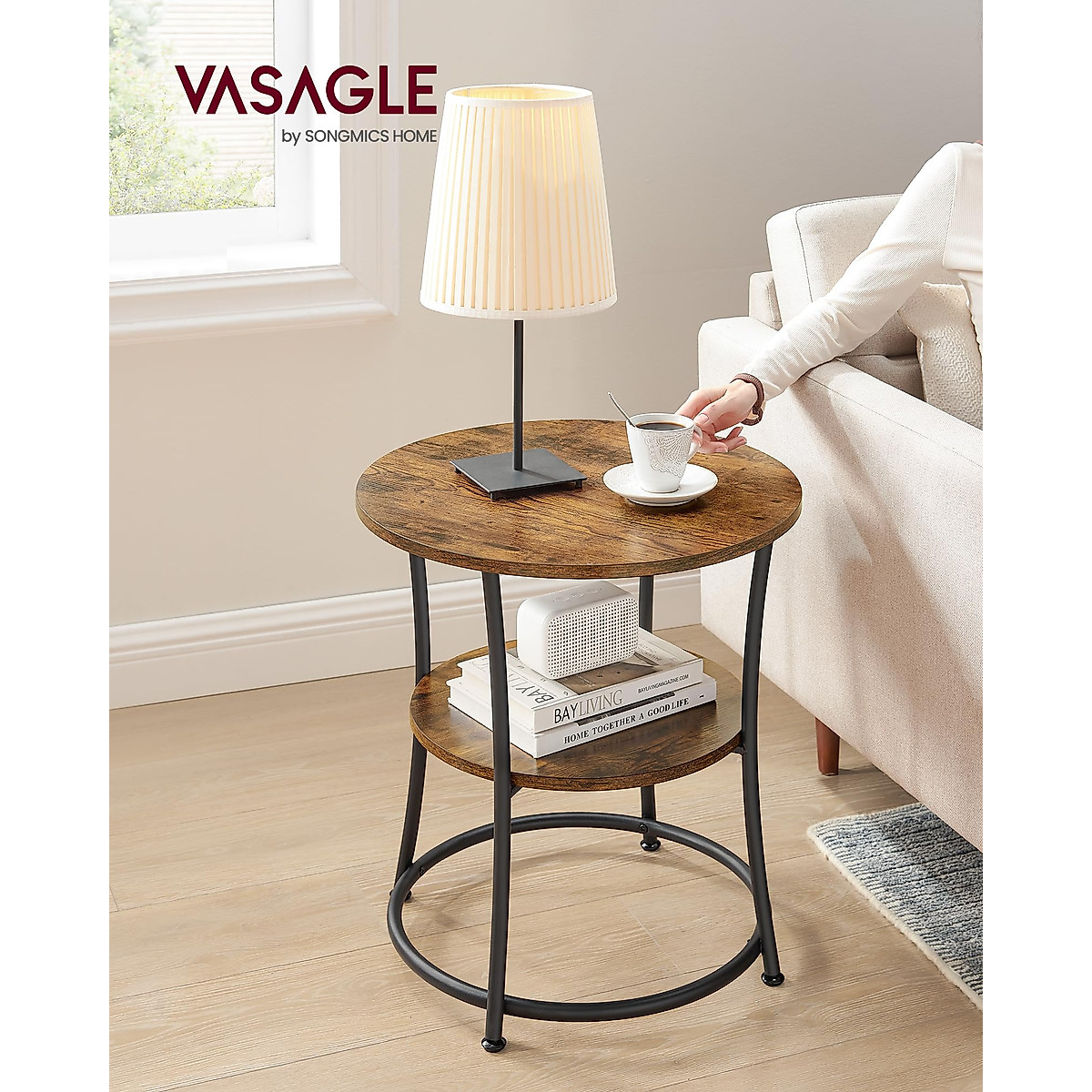 VASAGLE Side Table, Round End Table with 2 Shelves for Living Room, Bedroom, Nightstand with Steel Frame for Small Spaces, Outdoor Accent Coffee Table, Rustic Brown and Ink Black