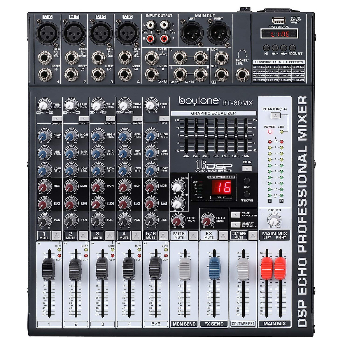 Boytone BT-60MX, 6 Channel Bluetooth Audio Mixer - DJ Sound Controller, USB MP3 Player, 4 XLR Microphone Jack, 7 Band EQ, 16 DSP Digital Multi Effects Processor, RCA IN-OUT Jack, 48V Phantom Power