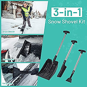 GYMAX 3 in 1 Retractable Snow Shovel, 35” Adjustable Snow Shovel Kit with Snow Brush & Ice Scraper, Portable Snow Removal Combo with Carrying Bag, Portable for Vehicle, Outdoor, Backyard