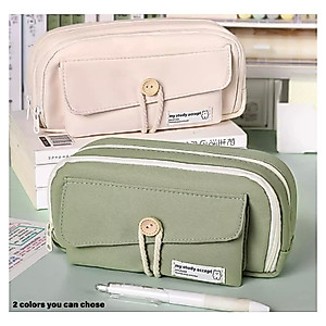 Krdrgey Beige Pencil Case, Large Capacity Study Pouch Bag with Two Compartments, Portable Soft Canvas Easy Carry for Library and Travel Makeup Organizer, Elegant Aesthetic Study Supplies (green)