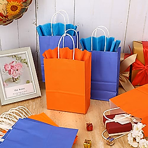 24 Pack Blue Orange Kraft Paper Gift Bags with Tissues Papers Colorful Party Favor Bags with Handles for War Party Target Sign Birthday Party Wedding Baby Shower Supplies