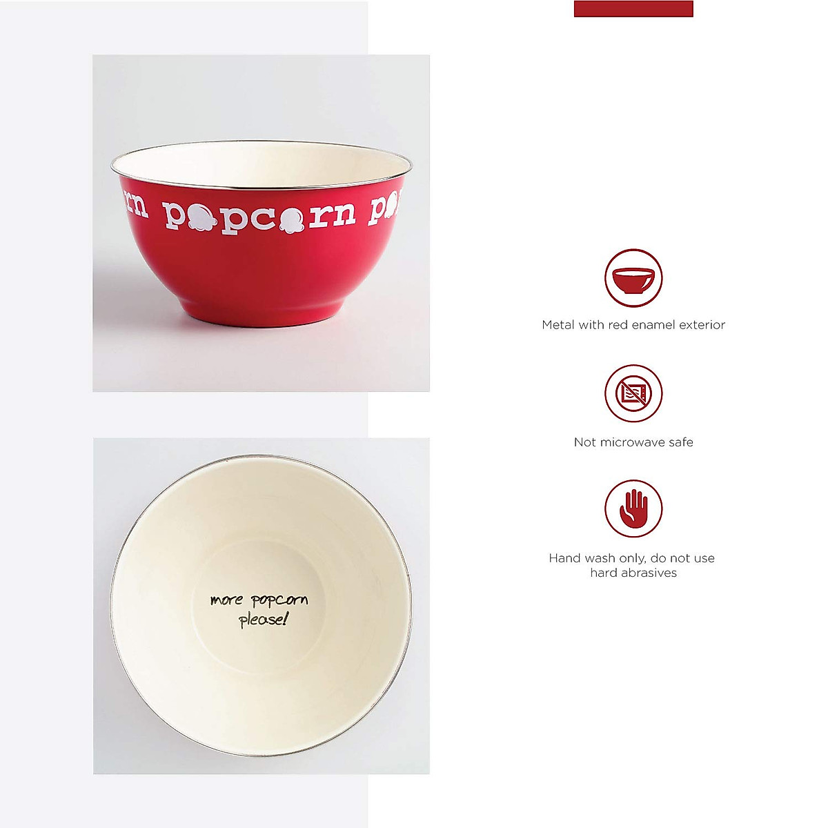 Popcorn Serving Bowl - Large Reusable Popcorn Containers - Ideal Gift for Family Movie Night, Party, Picnic - Red Metal Snack Bowl - Popcorn Mixed Serving Dish - Light & Sturdy by WorldMarket