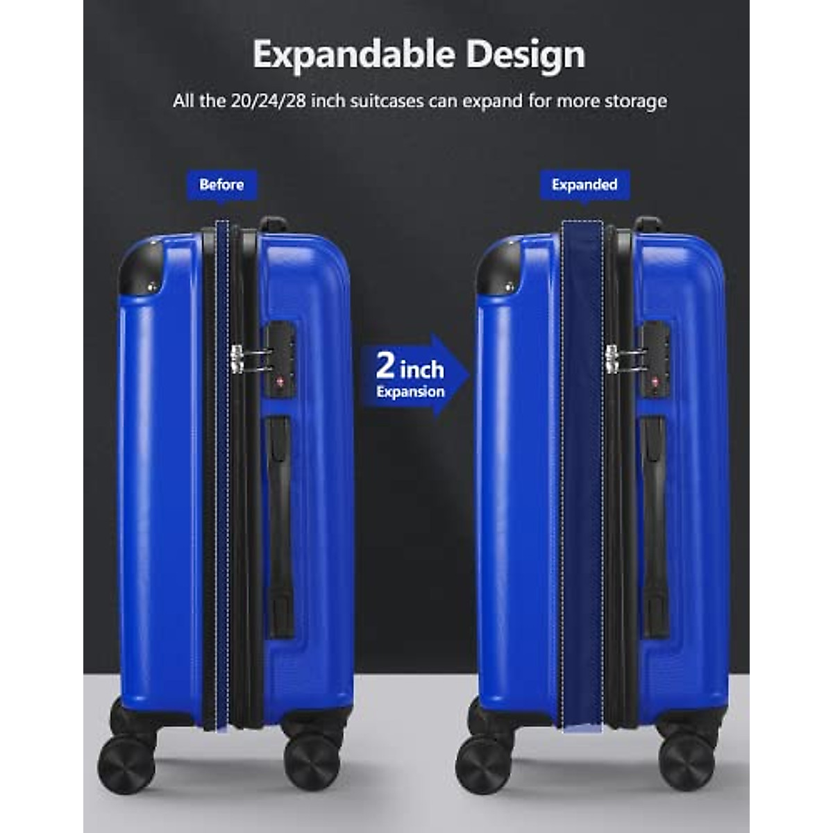 SunnyTour Expandable Luggage Sets with Double Spinner Wheels, 3 Piece Hard Suitcase Set for Short Trips and Long Travel, Blue