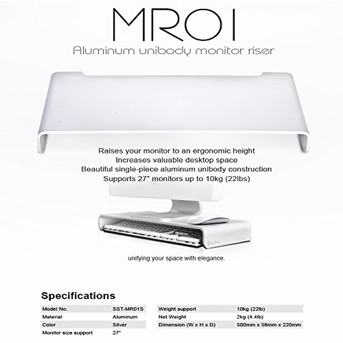 SilverStone Technology Aluminum Unibody Monitor / iMac Stand, Silver (MR01S)