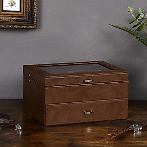 BEWISHOME 20 Slot Watch Box for Men Watch Case, Watch Display Case with Real Glass Lid, 2 Layers Watch Holder Organizer, Metal Hinge, Brown Leather SSH24Z