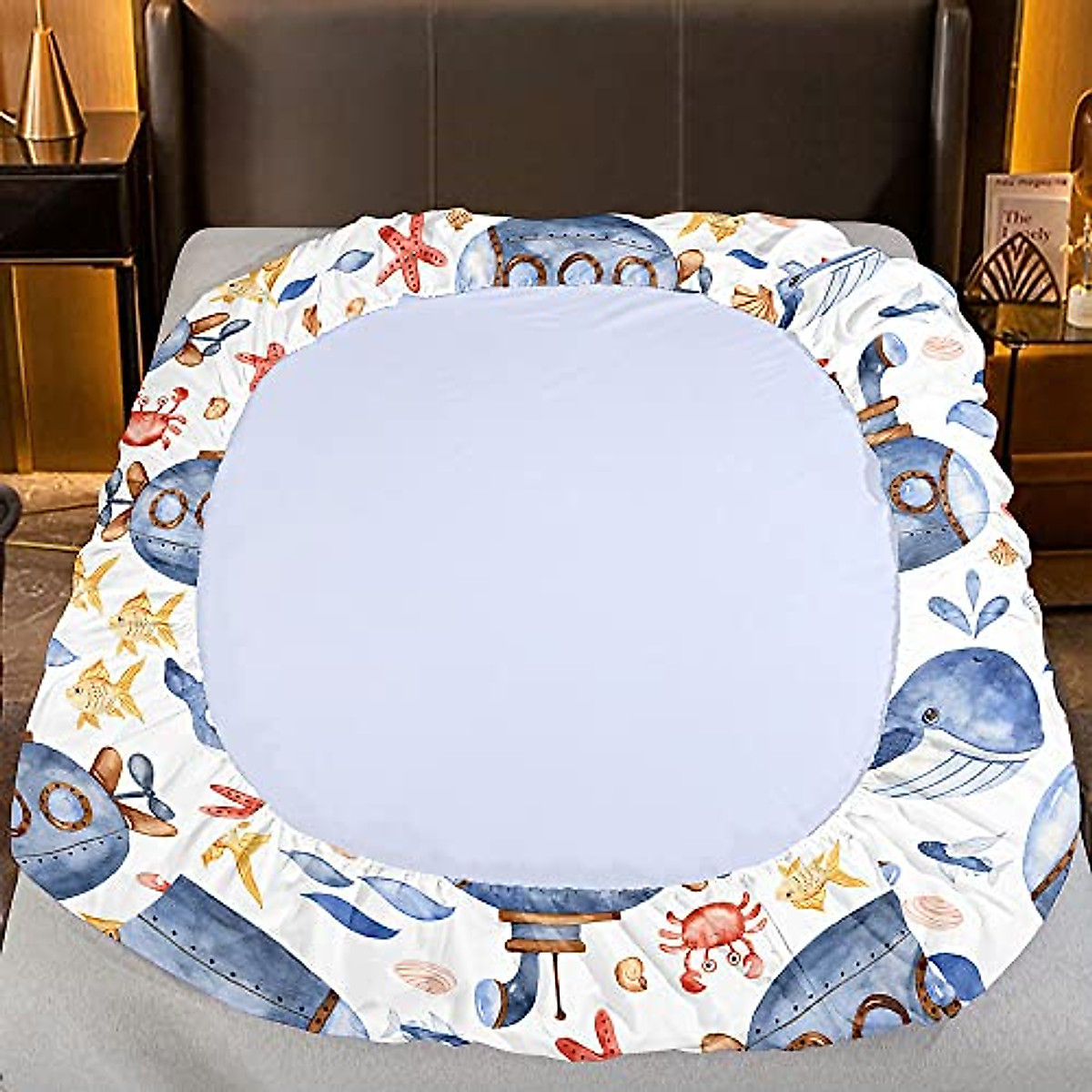 JIJIWANG Submarine Ocean Queen Flat Sheet Sets Kids with 2 Pillowshames Fish Conch Starfish Print Ocean Fitted Sheet Sets Boys Girls Sealife Bedding Sheets Soft Polyester