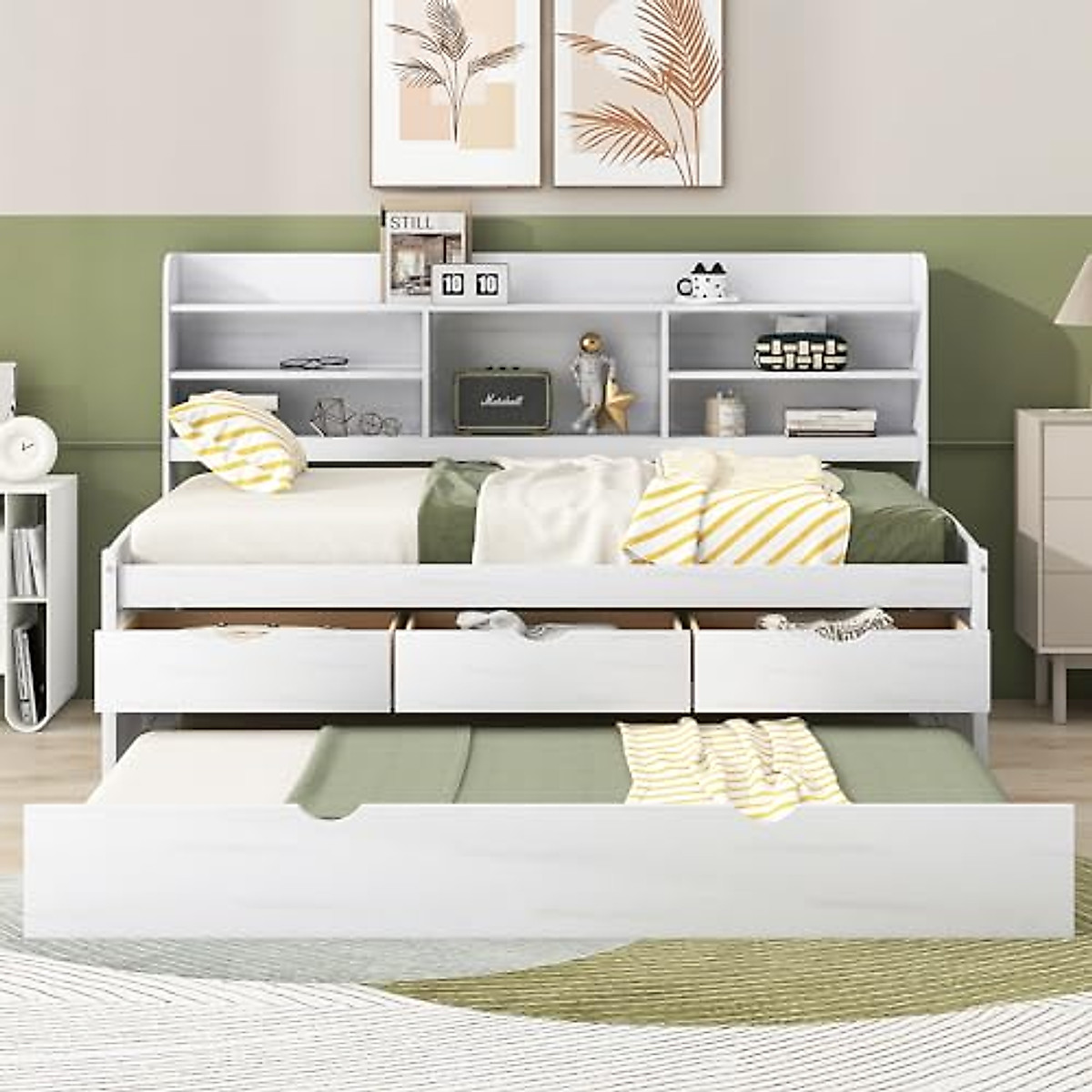 SIYSNKSI Twin Size Captain Bed with 3 Storage Drawers and Trundle, Versatility Wooden Daybed Sofa Bed with Built-in Bookshelves for Living Room Bedroom Office Guest Room, No Box Spring Needed