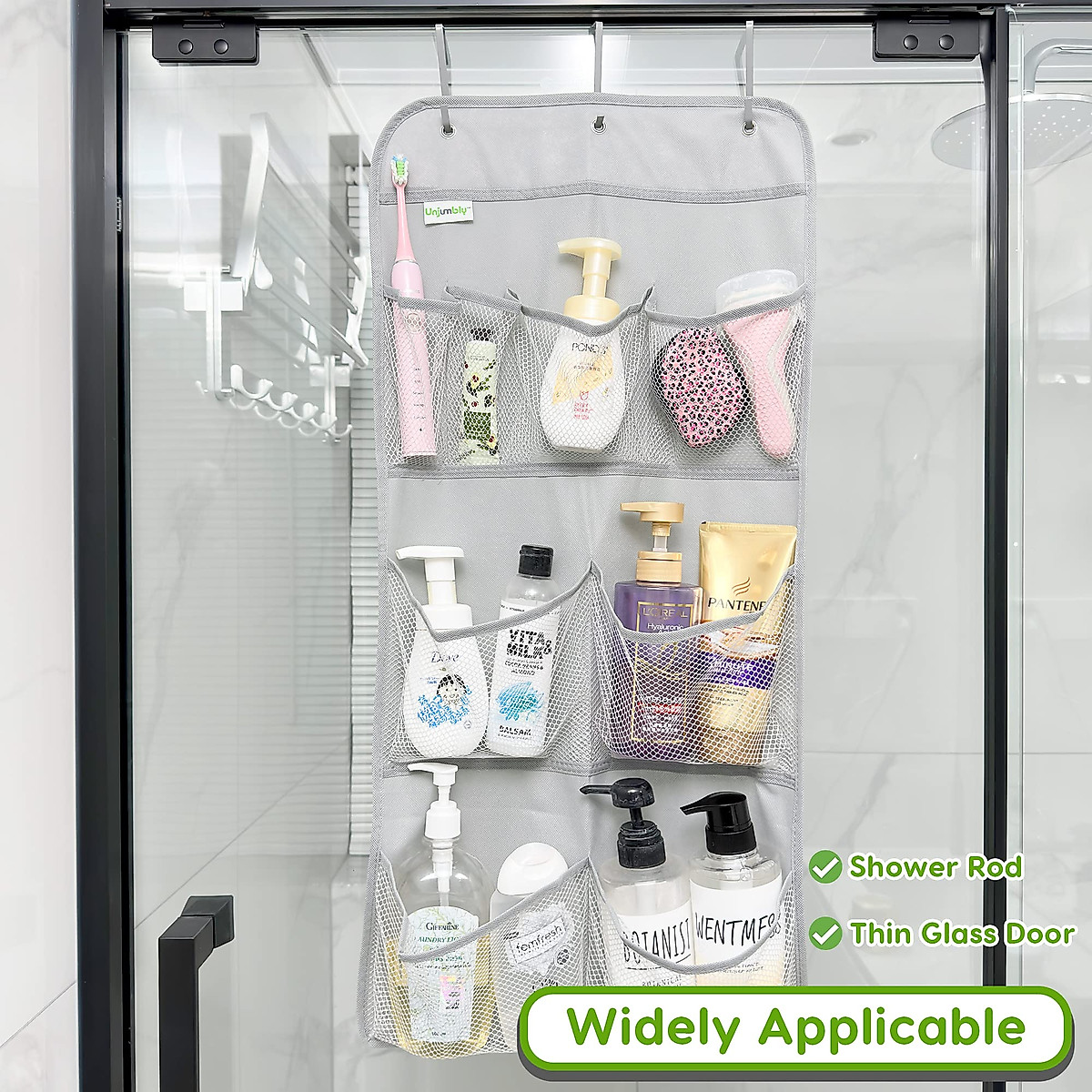 Unjumbly Mesh Hanging Shower Caddy - 8 Pockets to Hold Toiletries, Shampoos, Conditioners, Soaps, Over-the-door Organizer with 3 Metal Hooks for Bathroom, Bedroom, Kitchen, Traveling, RVs, Campers