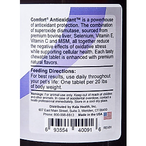 Kala Health COMFORT Antioxidant Supplement for Dogs, 100 Count, Immune Support and Helps Reduce Skin Allergies, Contains: MSM, Superoxide Dismutase, Selenium and Vitamin C & E, Made in The USA