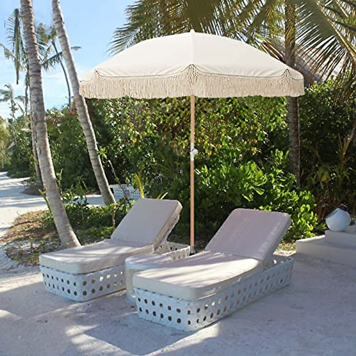 LefeDa 6.5FT Boho Umbrella With Fringe Beige Beach Umbrellas For Sand UV Protection Large Outdoor Umbrella Wooden Stanchions Patio Table Umbrella Waterproof Foldable 8 Ribs With Carry Bag