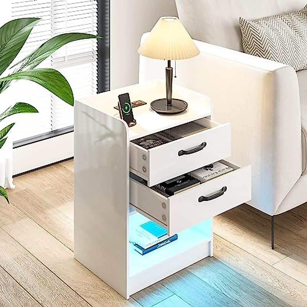 White Nightstand Set of 2 with Charging Station and LED Lights, Modern End Side Table with 2 Drawers and Open Storage for Living Room, Night Stands for Bedrooms Set of 2 White