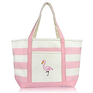 DALIX Flamingo Striped Canvas Tote Bag Premium Cotton in Pink