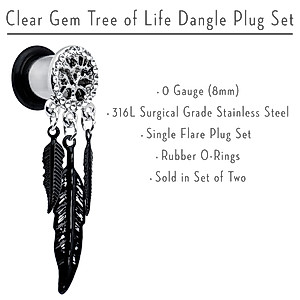 Body Candy Steel Single Flare Clear Accent Tree of Life Feather Dangle Ear Gauge Plug Set 0 Gauge