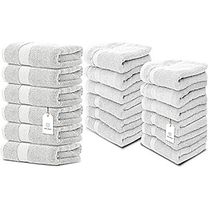 White Classic Luxury Hand Towels | 6 Pack Luxury Cotton Washcloths | 12 Pack Bundle (Silver)