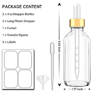 Glass Bottle with Dropper, 4 oz Clear Golden Cap Eye Dropper Bottle for Essential Oils with Labels and Funnel, 2 Pcs Empty Tincture Bottles with Unbreakable Plastic Eye Dropper with Measurements