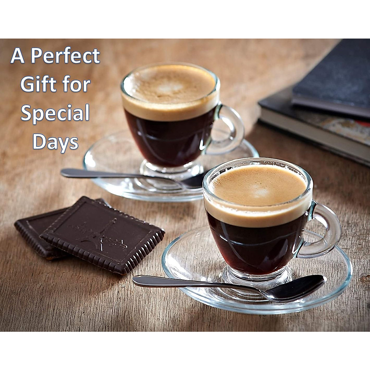 BOHEM'S Espresso Cups, 3.2 oz Small Demitasse Clear Glass Espresso Drinkware, Set Of Cups, Saucers and Stainless Steel mini Spoons + Free Glass Spoons (set of 4)