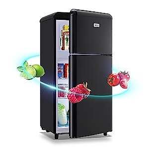 WANAI Compact Mini Refrigerator 3.5 Cu.Ft Small Refrigerator with Freezer, Retro Mini Fridge with Dual Door,7 Adjustable Thermostat, Adjustable Shelves For Dorm, Office Bedroom,Black