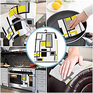 LOVE HOME DAY Modern Yellow Grey White Kitchen Towel Set of 3, Square Rectangular Geometric Hand Towels Absorbent Microfiber Dish Cloth Abstract Washable Tea Bar Dishcloth Cleaning Cloths