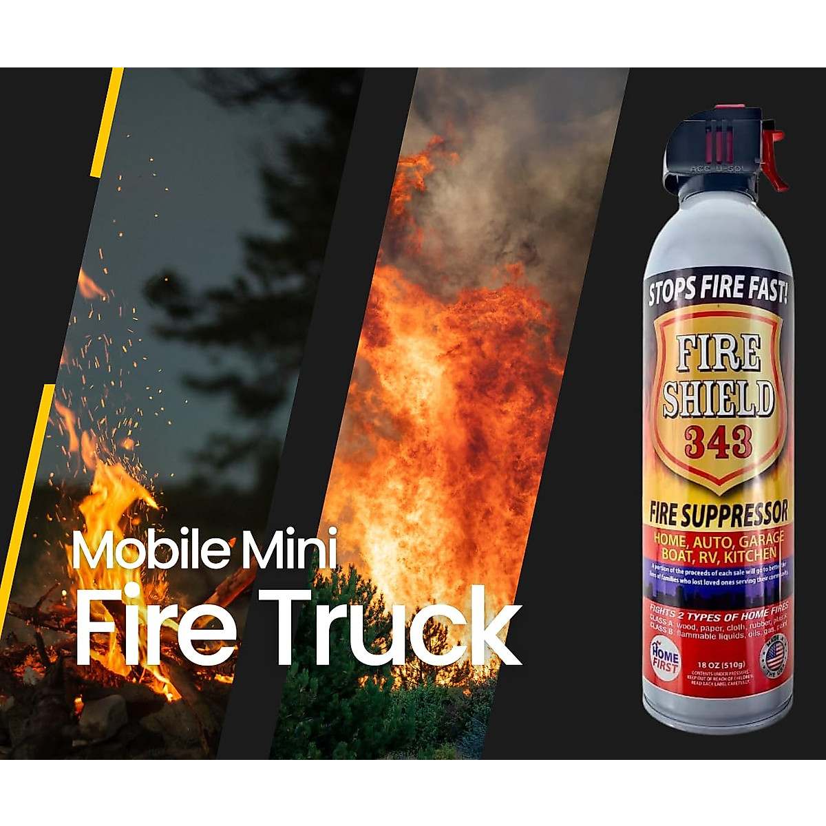 Fire Shield 343 - Home & MOBILE Use Aerosol Fire Suppressant Spray Foam Eliminates Gasoline, Kitchen Grease, Oil, Wood Fires. For Garage, House, Camping, RV & More