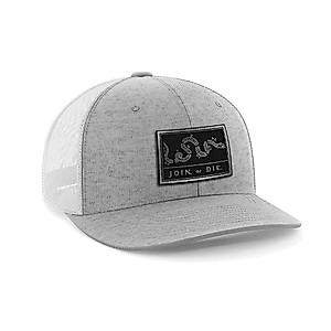 Join Or Die Flag Black Leather Patch Hat (HTH Grey/White) - Adjustable Trucker Hats with Snapback