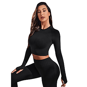 SweatyRocks Women's Yoga Exercise Sport Crop Tops Long Sleeve Thumb Holes Slim Fit Solid Running Gym Tee Shirts Black L