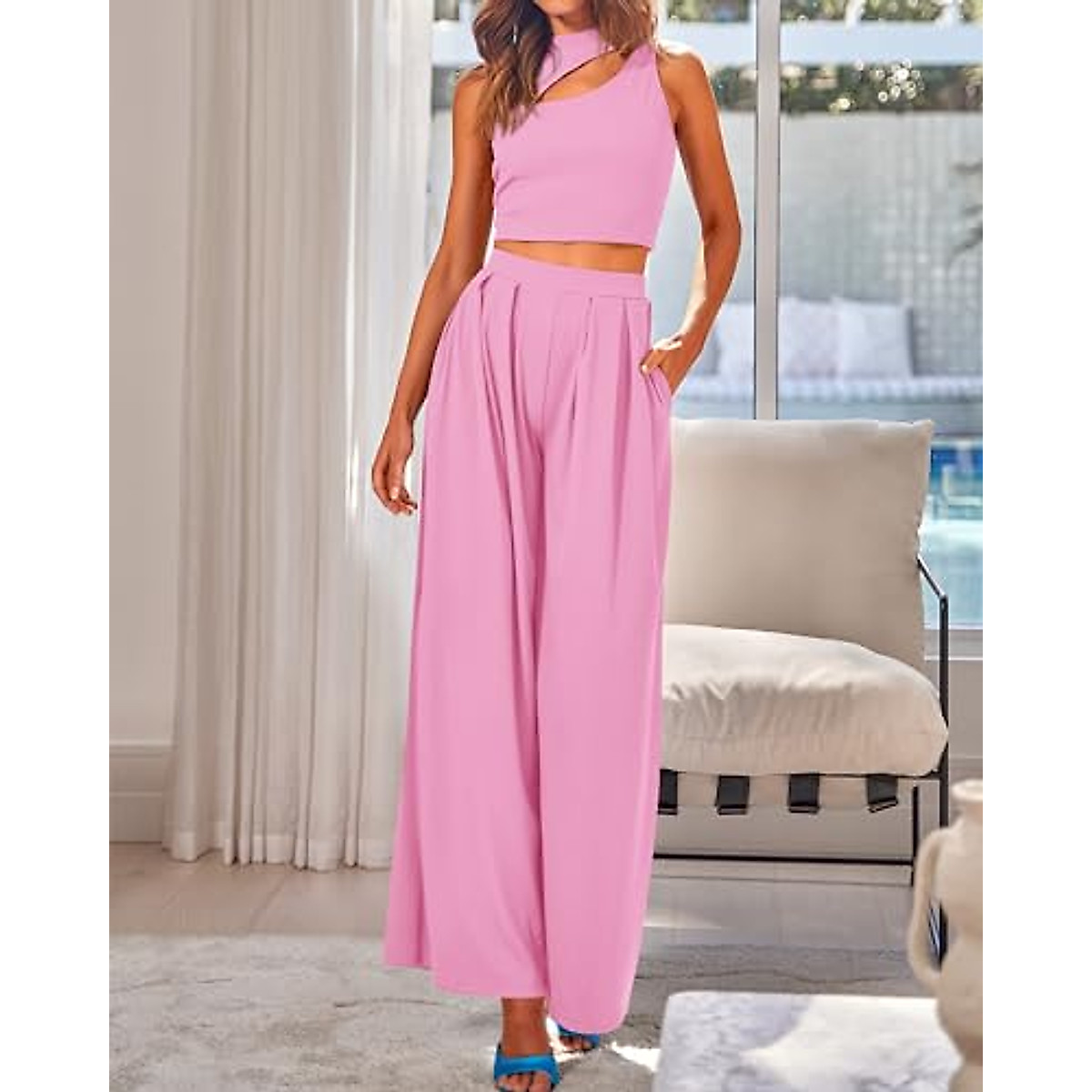 BTFBM Women 2 Piece Outfits 2024 Spring Summer Tracksuits Mock Neck Sleeveless Cutout Crop Top Wide Leg Pants Sweatsuits(Solid Pink, X-Large)
