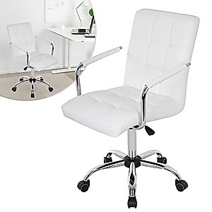 BLKMTY Home Desk Chair Ergonomic Computer Chair Vanity Chair Modern PU Leather Office Chair Adjustable Swivel Chair Computer Executive Chair Mid-Back Student Desk Chair for Teen Girl, White
