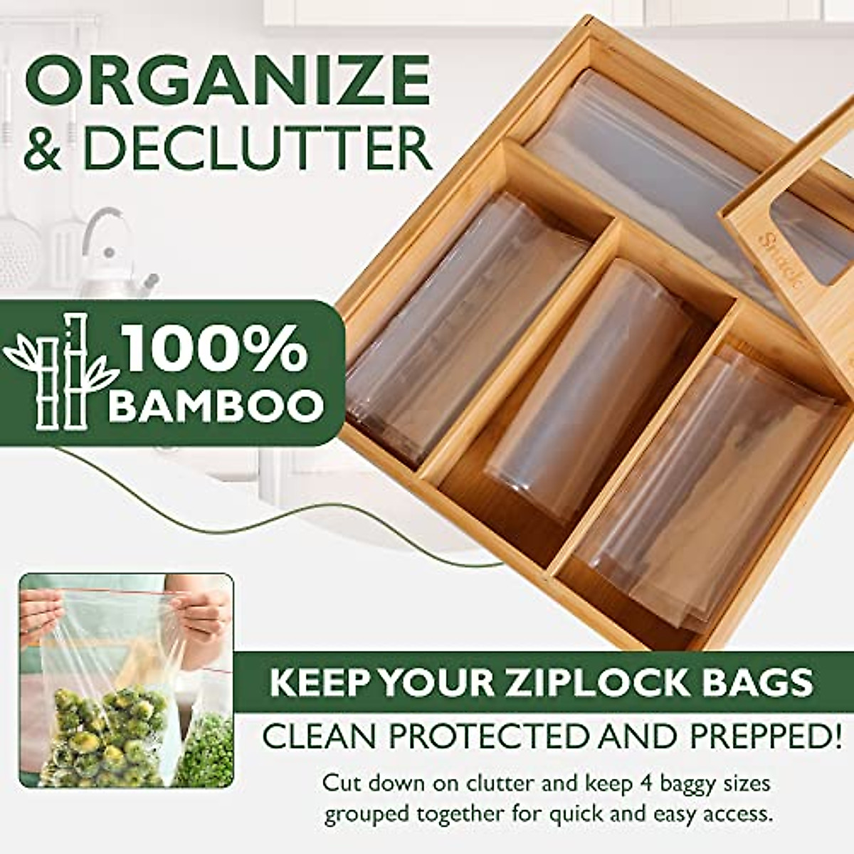 Ziplock Bag Storage Organizer for Kitchen Drawer - Bamboo Zip Lock Plastic Baggy Dispenser - Magnetic Sliding Lid for Easy Refill - Ziplock Bag Organizer Fits Gallon, Quart, Sandwich, Snack Baggies