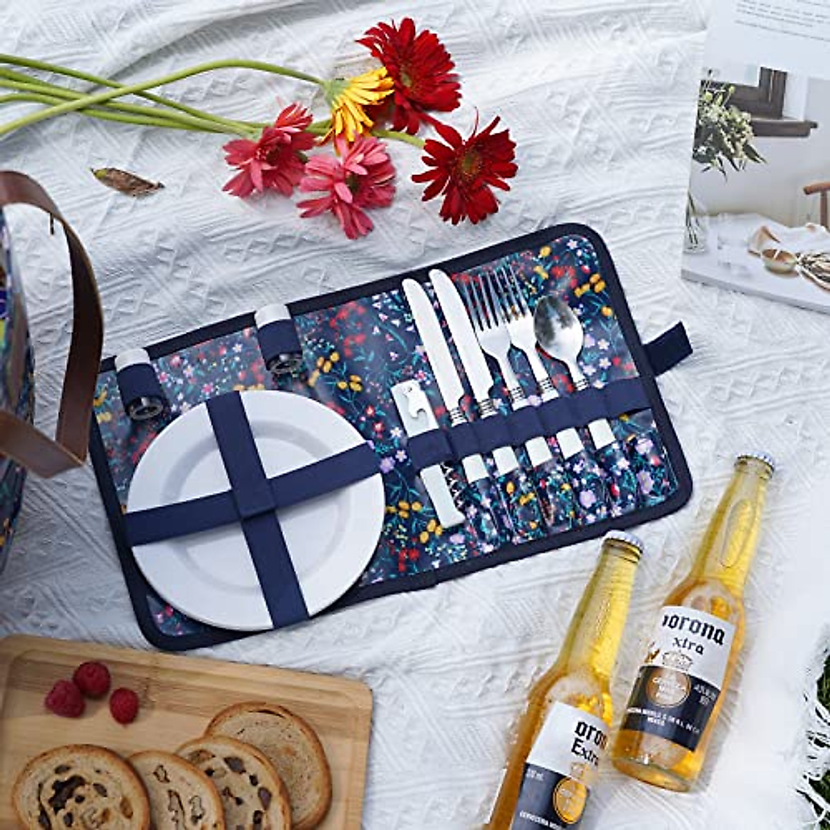 WILLOW WEAVE Portable Picnic Basket Set with Service for 2, Sturdy Woven Base & Canvas Picnic Beach Tote Bag with Drawstring Closure & Insulated Lining, for Outdoor Events, Shopping - Blue Floral