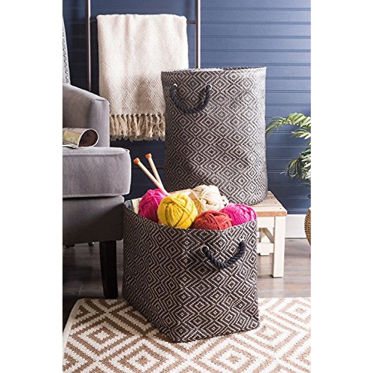 DII Woven Paper Storage Bin, Diamond Basketweave, Stone/Black, Large