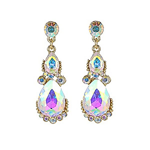QYJ Women’s Wedding Bridal Austrian Crystal Glass Teardrop Statement Necklace Dangle Earrings Bracelet Ring Wedding Party Jewelry Set for Bridal Bridesmaid (AB Crystal-Gold Plated)