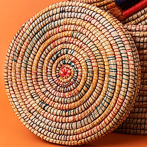 Large Storage Rainbow Jute Grass Lid Basket (Set of 3)