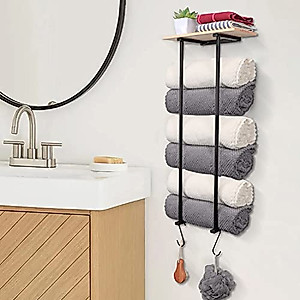 TocTen Towel Rack for Bathroom Wall Mounted, Bathroom Towel Holders with Wooden Shelf Wall Towel Rack, Bath Wall Towel Organizer for Rolled Towels, Large Towel, Washcloths, Spa, Salon（Matte Black）