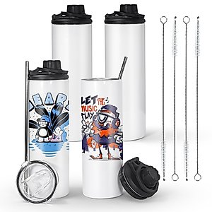AGH 4 Pack Sublimation Sports Water Bottle Blanks 20 oz Sublimation Water Bottles Tumblers Double Wall Stainless Steel Vacuum Flask With Straw and Portable Handle for Sport Outdoor Travel, White