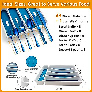 Blue Silverware Set with Drawer Organizer, 48 Pieces Flatware Set for 8, Stainless Steel Cutlery with tray, Kitchen Utensil Tableware for Home Restaurant Hotel Kitware Forks Knifes Spoons