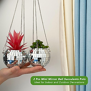 ORIKASO 2 Pcs 4" Disco Ball Planter with Chain - Mirror Ball Flower Succulents Pots - Home Boho Hanging Planter - Ideal for Indoor and Outdoor Decorations