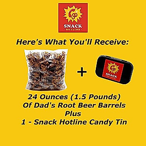 Dad's Root Beer Barrels - Old Fashioned Hard Candy 1.5 Lbs plus Snack Hotline Candy Tin | Individually Wrapped Bulk Candy