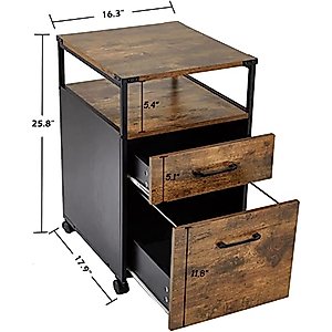 Fameill Rolling Filing Cabinet 2 Drawer File Cabinet Industrial Printer Stand for Home Office Small Under Desk Cabinet with Open Shelf,Storage Cabinet for A4, Letter Size, Rustic Brown
