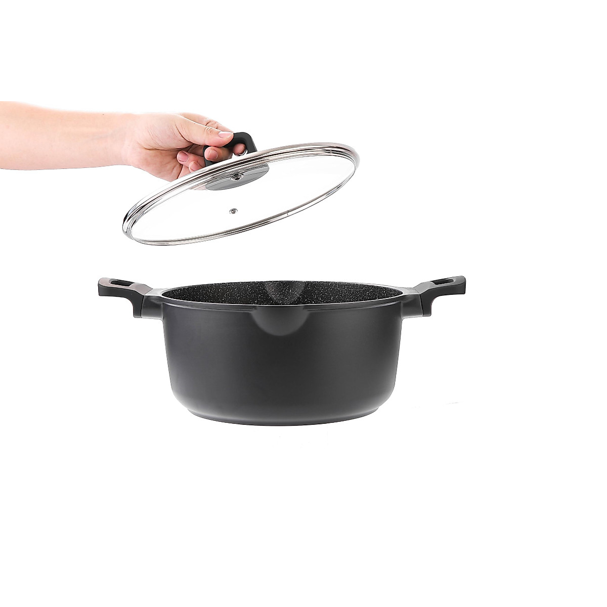 9.5 Inch Non Stick Pan Casserole Pot with Lid & Pour Spout - Lightweight 4.27 Quart Granite Coated Soup Pot Comfort Grip Handle - Induction Compatible PFOA Free Non Stick Pots (Black)
