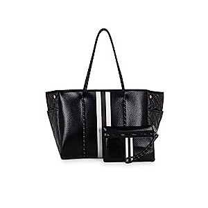 Haute Shore - Greyson Carbon Neoprene Tote Bag w/Zipper Wristlet Inside,Black Coated W/Silver & Black Stripe,One_Size