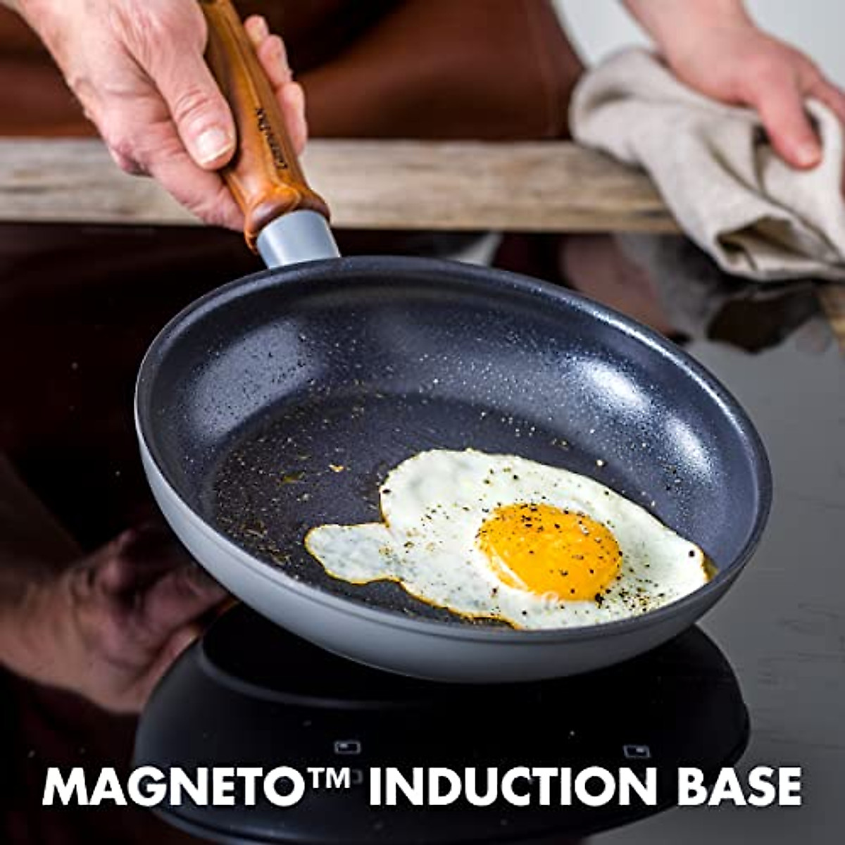 GreenPan Mayflower Pro Hard Anodized Healthy Ceramic Nonstick, 1QT Saucepan Pot, Vintage Wood Handle, PFAS-Free, Induction, Charcoal Gray