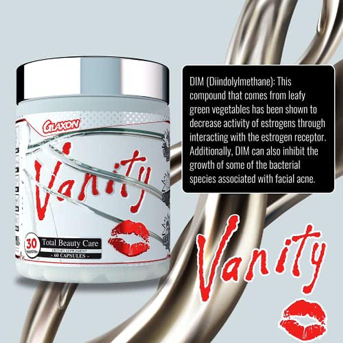 Glaxon Vanity Total Beauty Care, 60 Capsules, Hair Skin, and Nails Vitamins for Women and Men with Biotin 5000mcg, Hyaluronic Acid, Vitamin E, and Red Orange Complex